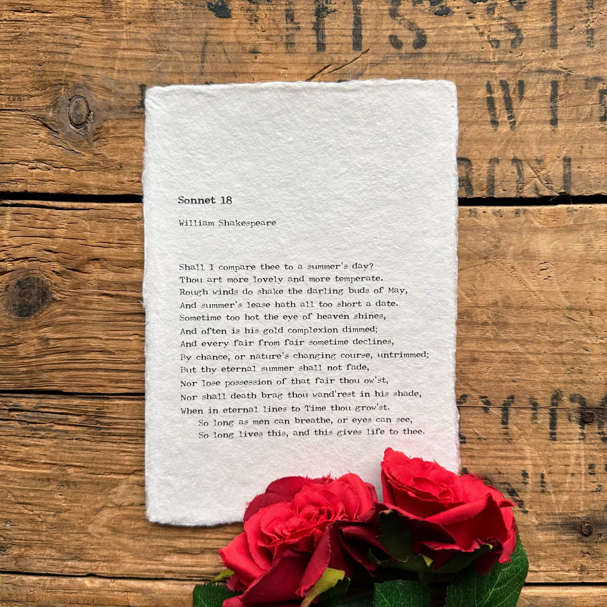 Sonnet 18 by William Shakespeare in typewriter font on handmade paper ...