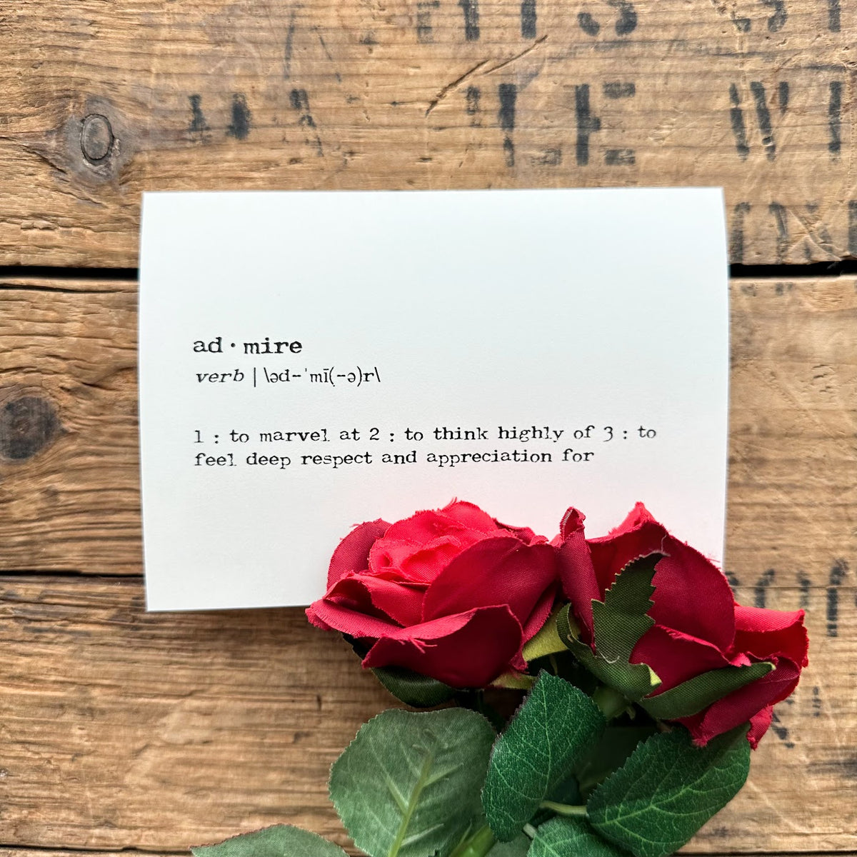 admire definition greeting card in typewriter font with envelope and r ...