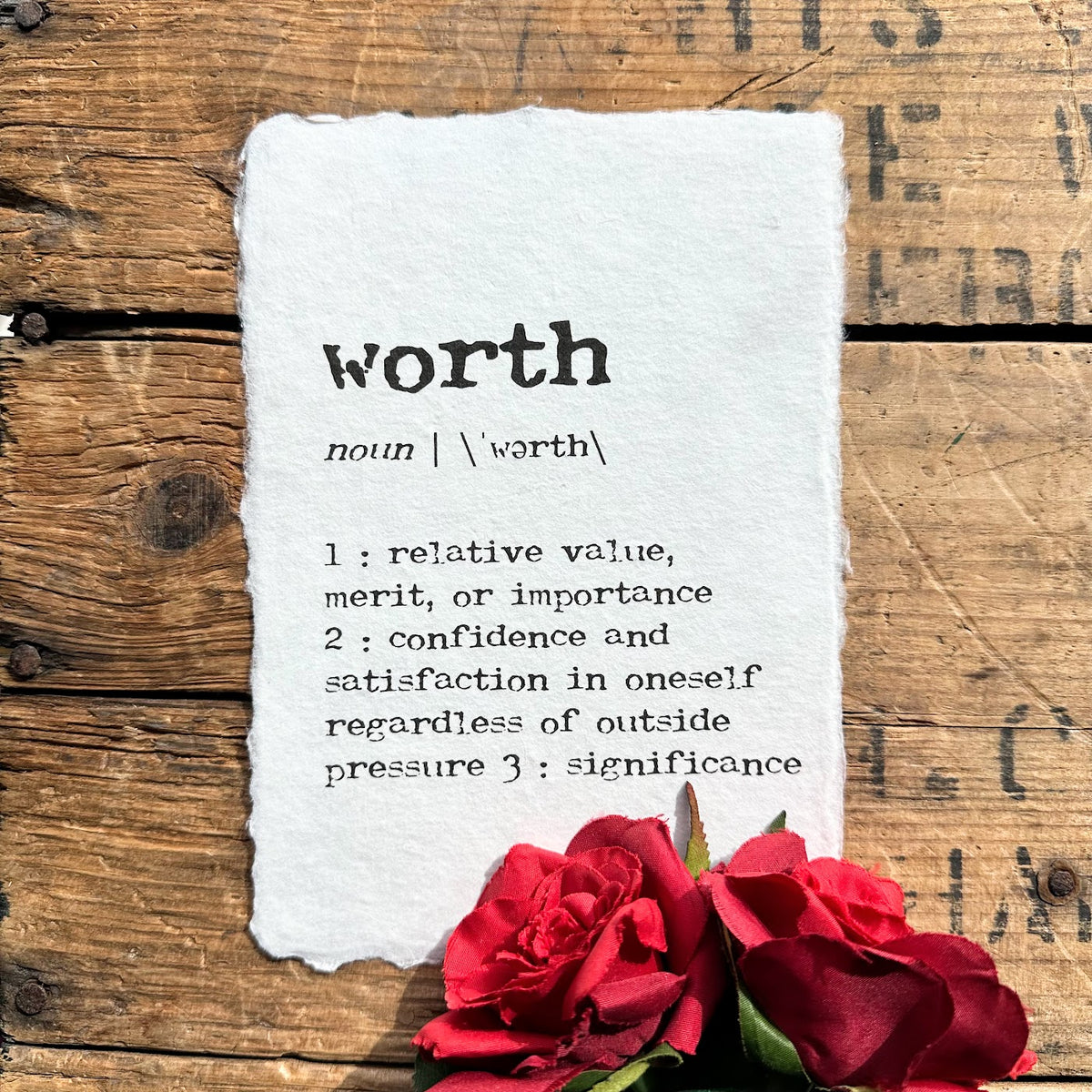worth definition print in typewriter font on handmade cotton paper ...