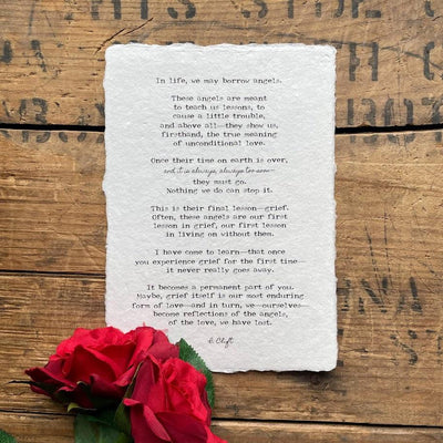 Angels and grief poem by R. Clift on handmade paper– Alison Rose Vintage