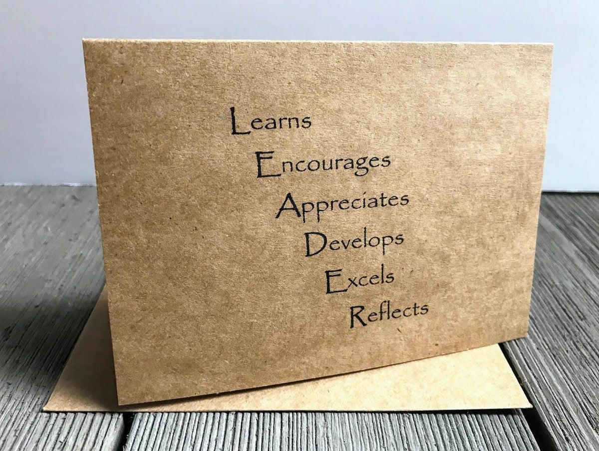 leader acronym greeting card on cardstock with envelope and rose stick ...