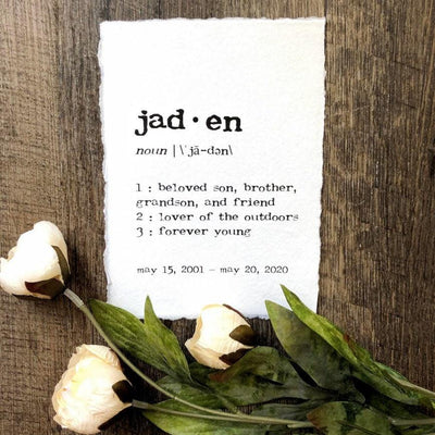 Custom name definition print in typewriter font on handmade cotton pap ...